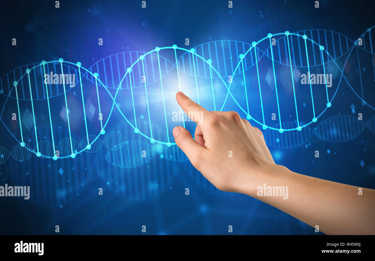 Female hand touching DNA molecule with blue background Stock Photo - Alamy