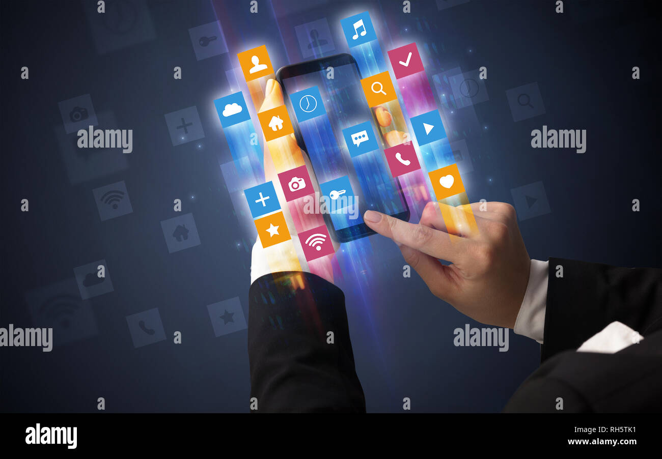 Female hand using smartphone with colorful angular fast switching ...