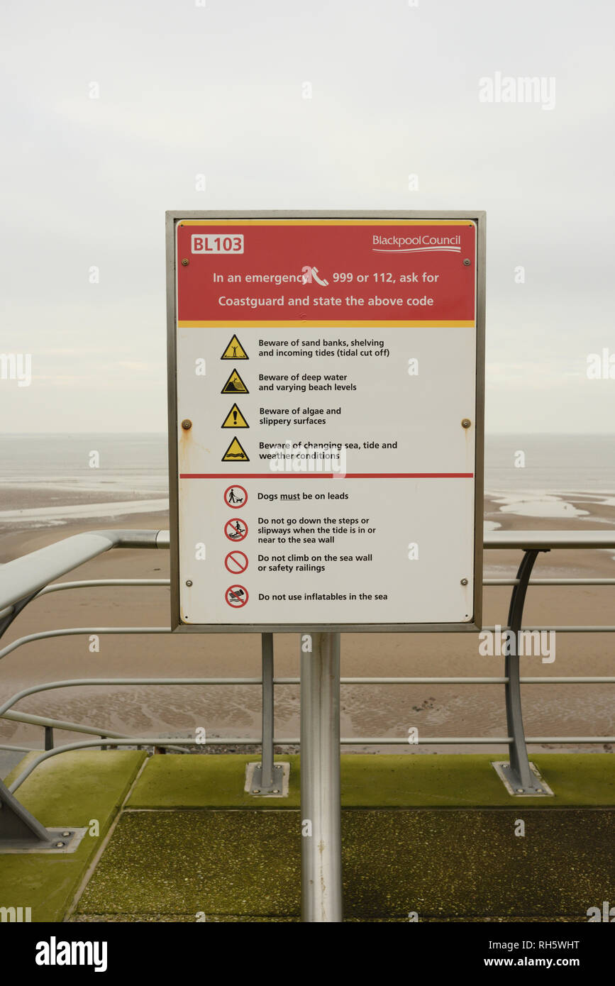 Anchorsholme coastal protection scheme, red and white warning sign pole ...