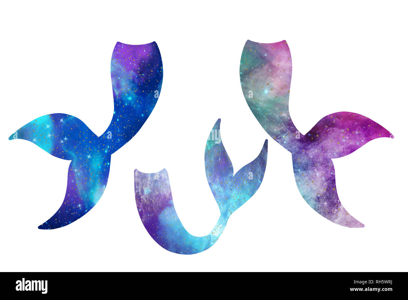 Set of cosmos space mermaid tails hand drawn isolated on white Stock ...