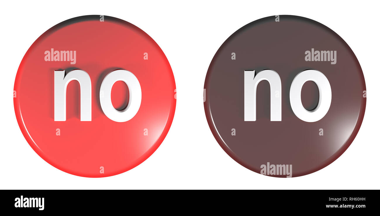 Circle light and dark red push buttons NO - 3D rendering illustration ...