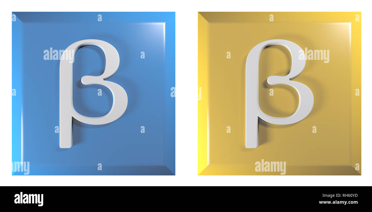 Push buttons square, blue and yellow with beta sign - 3D rendering ...