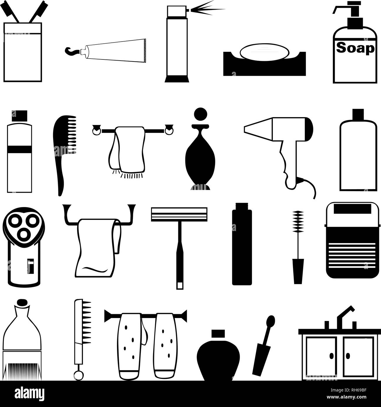 Bath icons. set of editable outline bath icons: shower, soap, towels ...