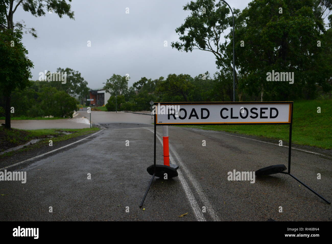 Road closed sign due to flooding, A 1 in 100 year flood event in ...