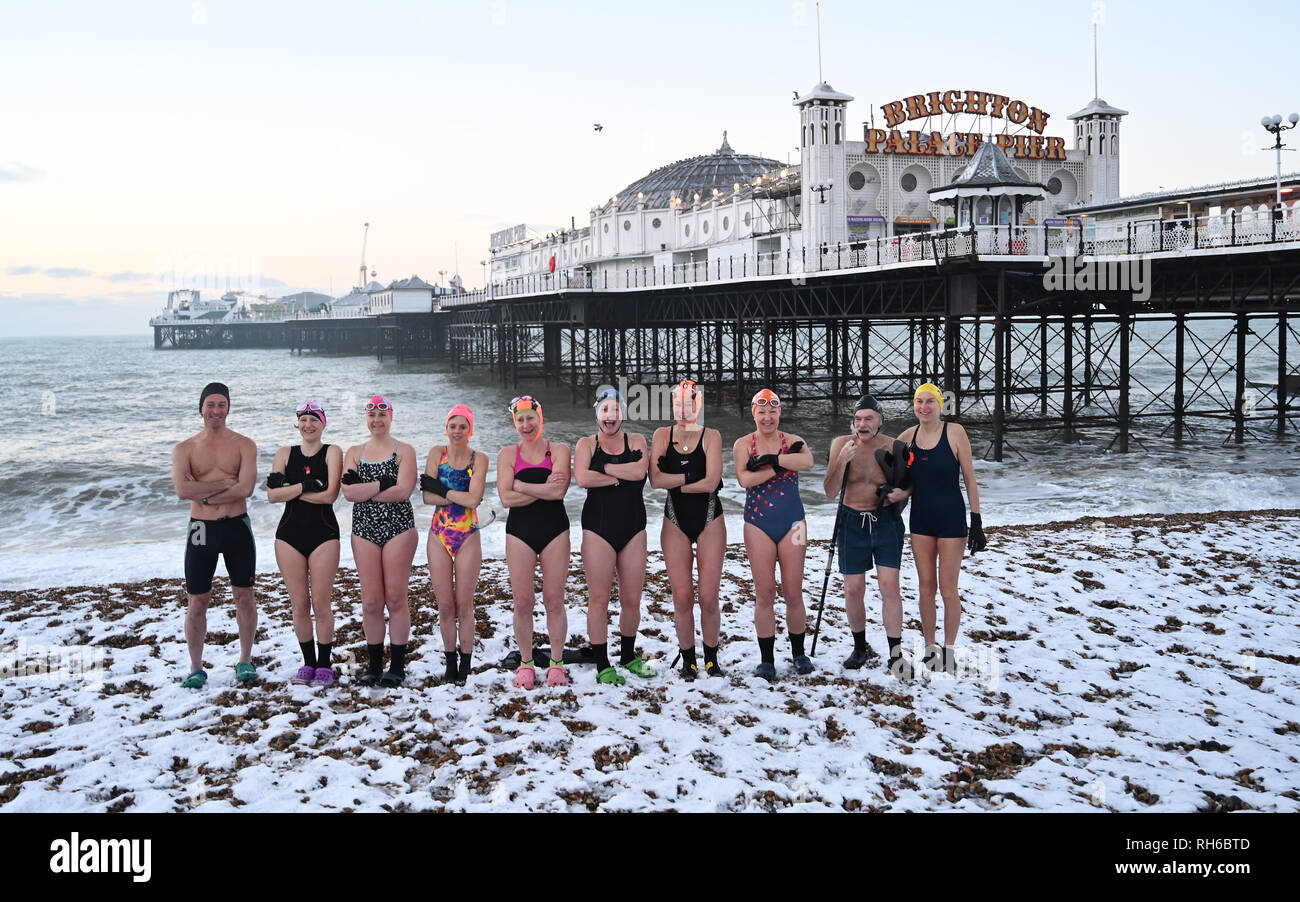 Brighton UK 1st February 2019 - The snow doesn't stop members of ...