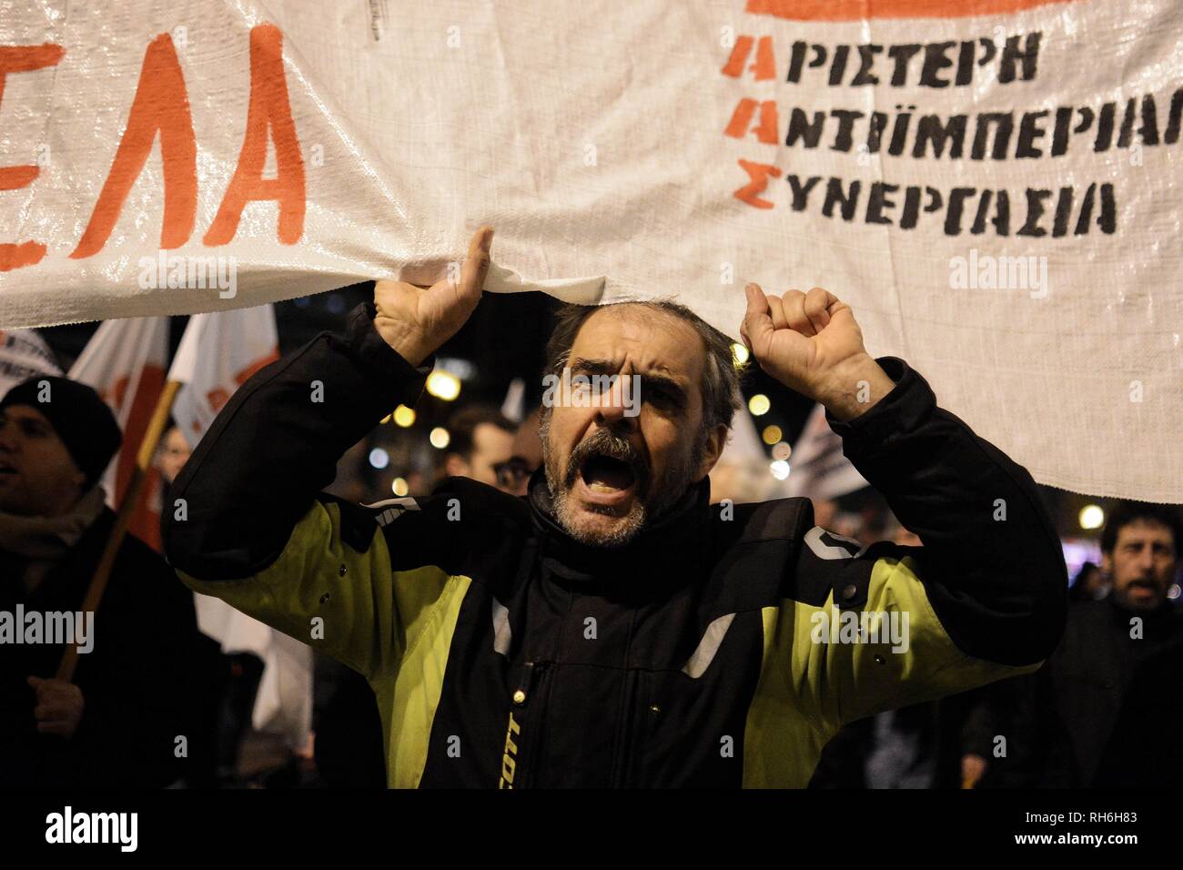 Athens, Greece. 31st Jan, 2019. A man seen shouting slogans during the ...