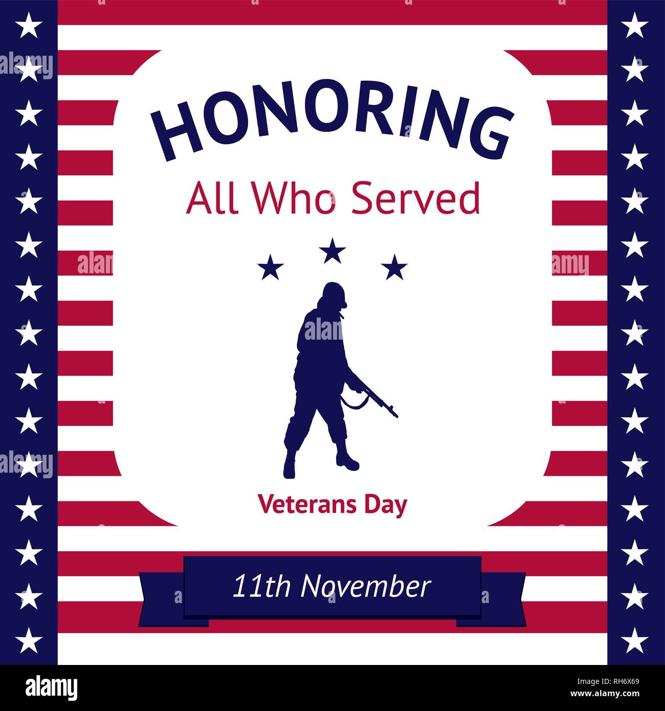 Veteran day poster. Soldier with gun, two patriotic old stars ...