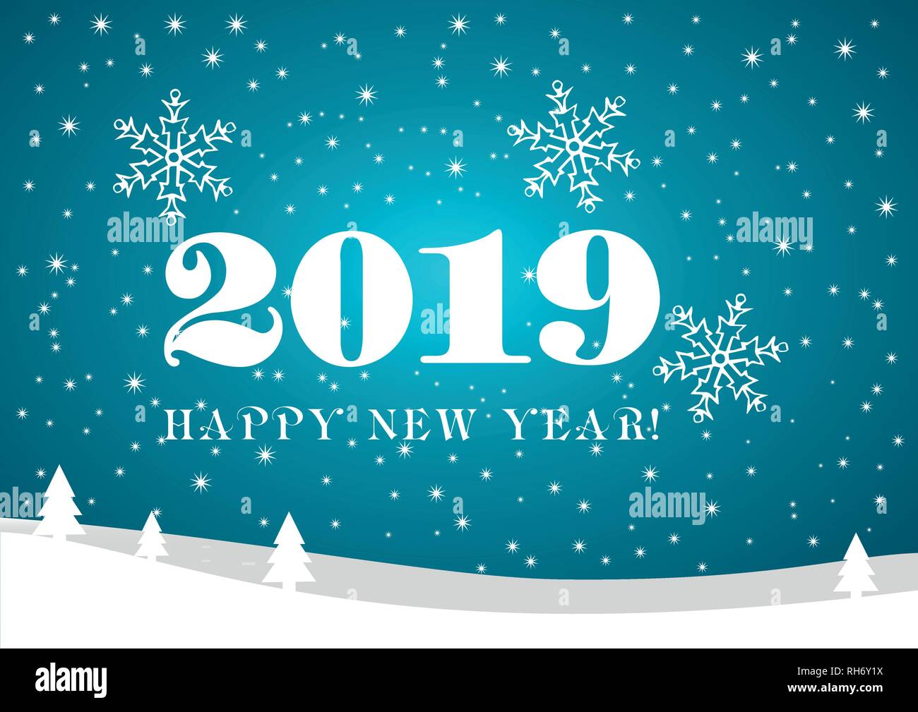 2019 Happy New Year blue gradient background with white stars, firs and ...