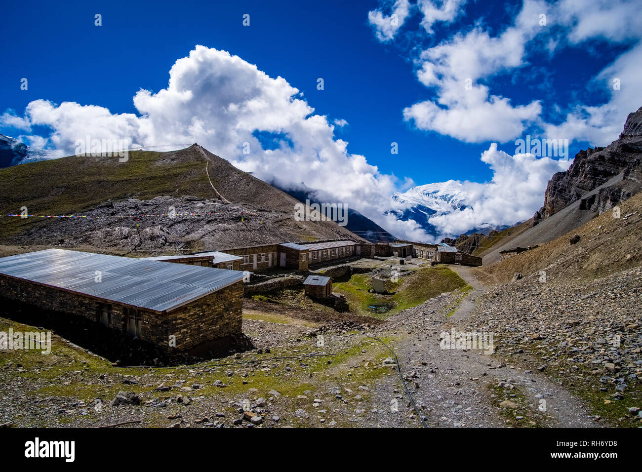 The buildings of Thorong Phedi High Camp, the last stop before crossing ...