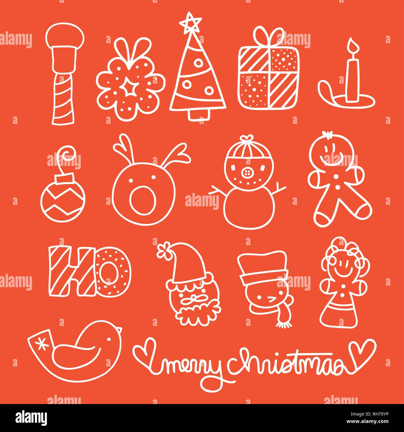 Merry Christmas funny icon pack on red background. Vector drawing ...