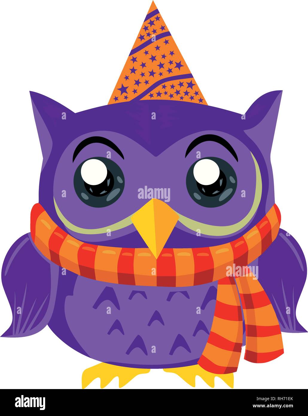 Violet Owl with scarf and cap magic stars, White Background, Cartoon ...