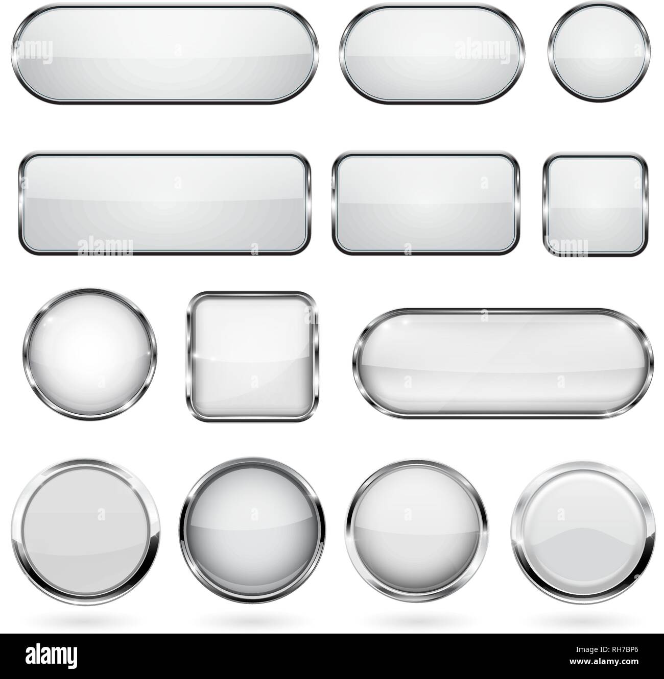 White glass buttons with metal frame. Collection of 3d icons Stock ...