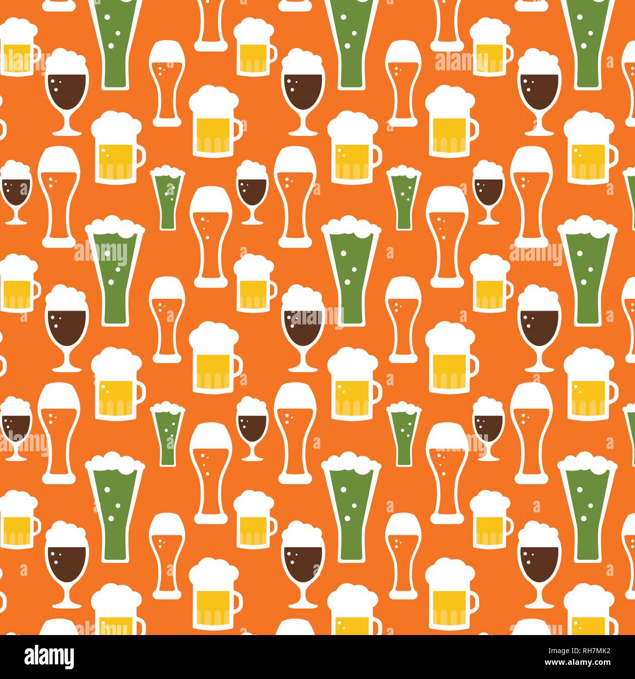 Seamless beer pattern. Beer mugs and glasses on an orange background ...