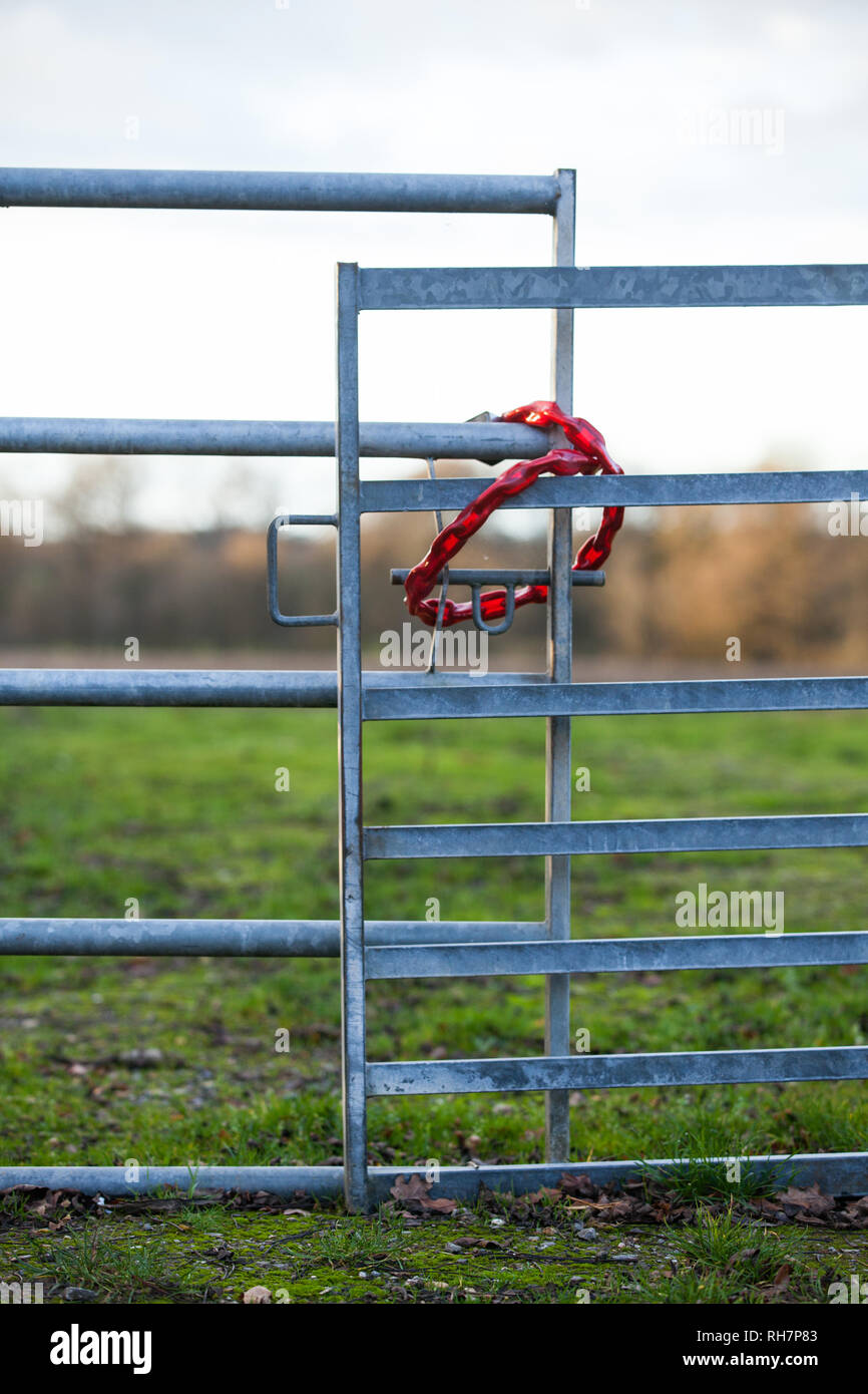 A Pair of gates on a farm field in english countryside with red plastic ...