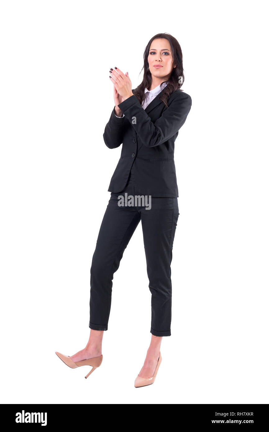Pretty elegant business woman in suit applauding and admiring looking ...