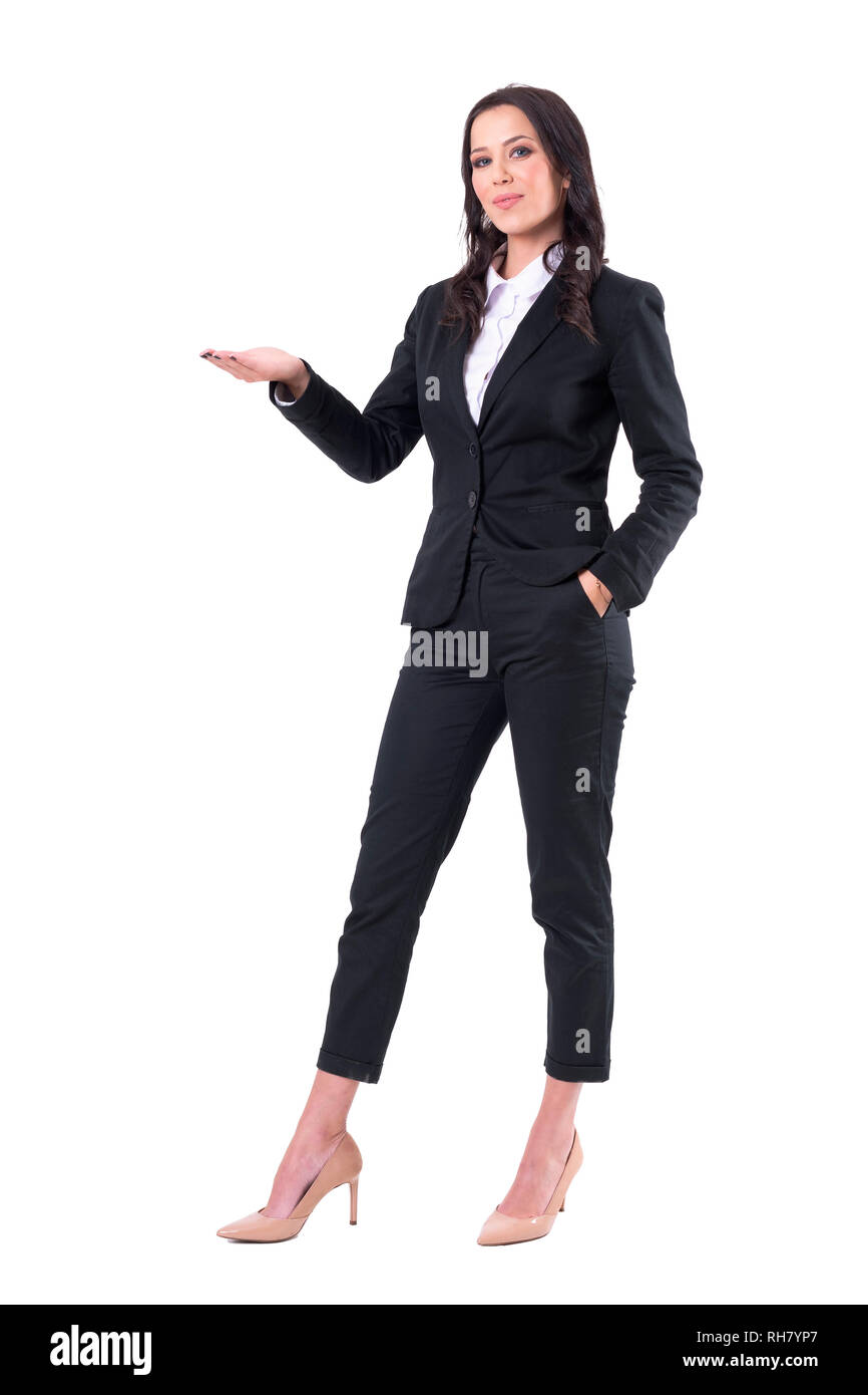 Confident business woman marketing and advertising with open hand ...