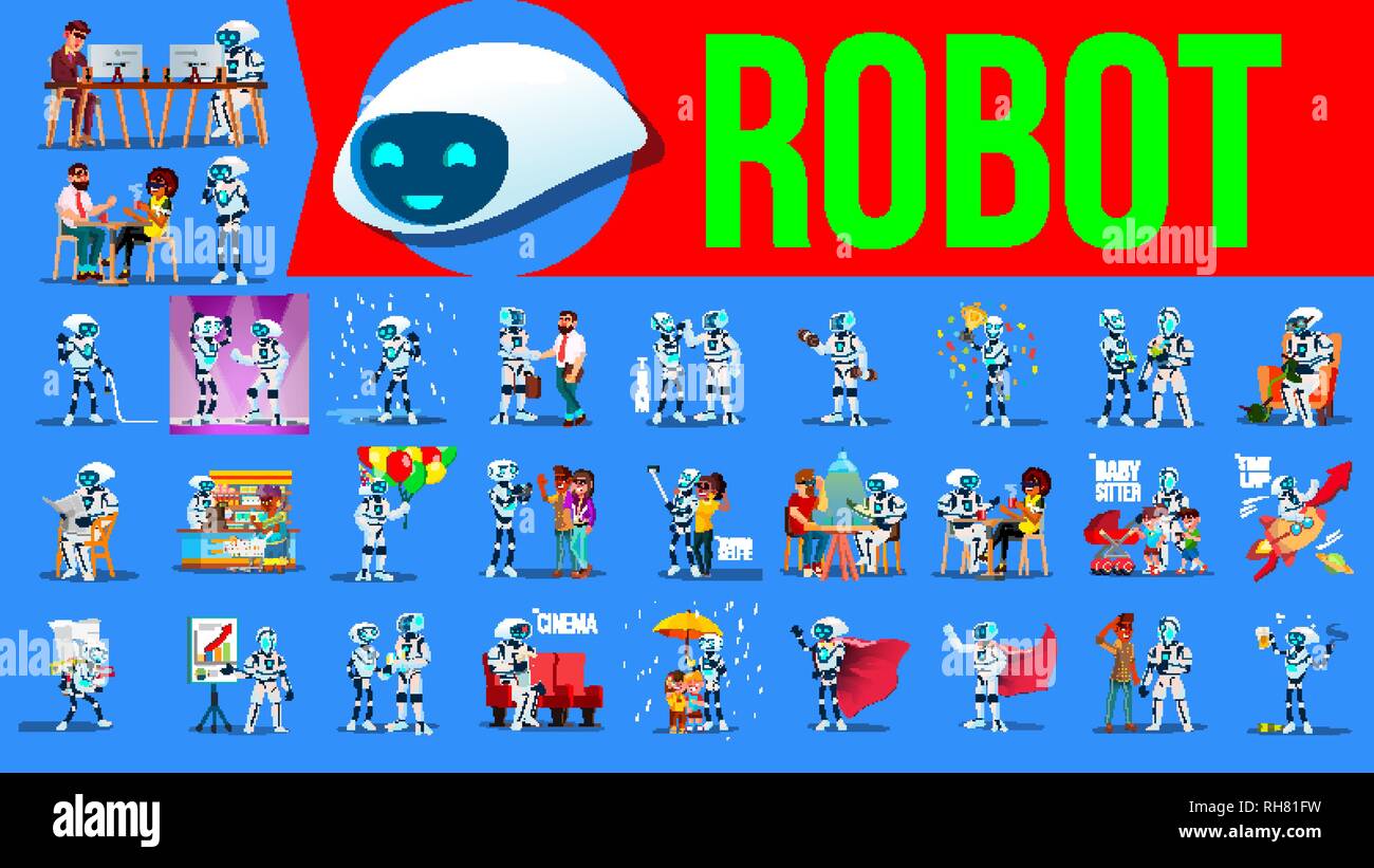 Robot Helper Set Vector. Future Lifestyle Situations. Working ...