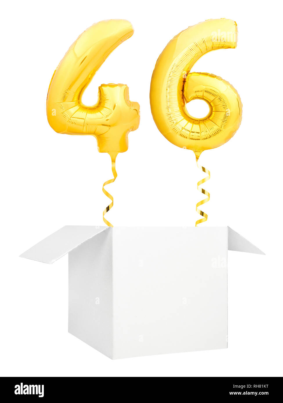 Golden number forty six inflatable balloon with golden ribbon flying ...
