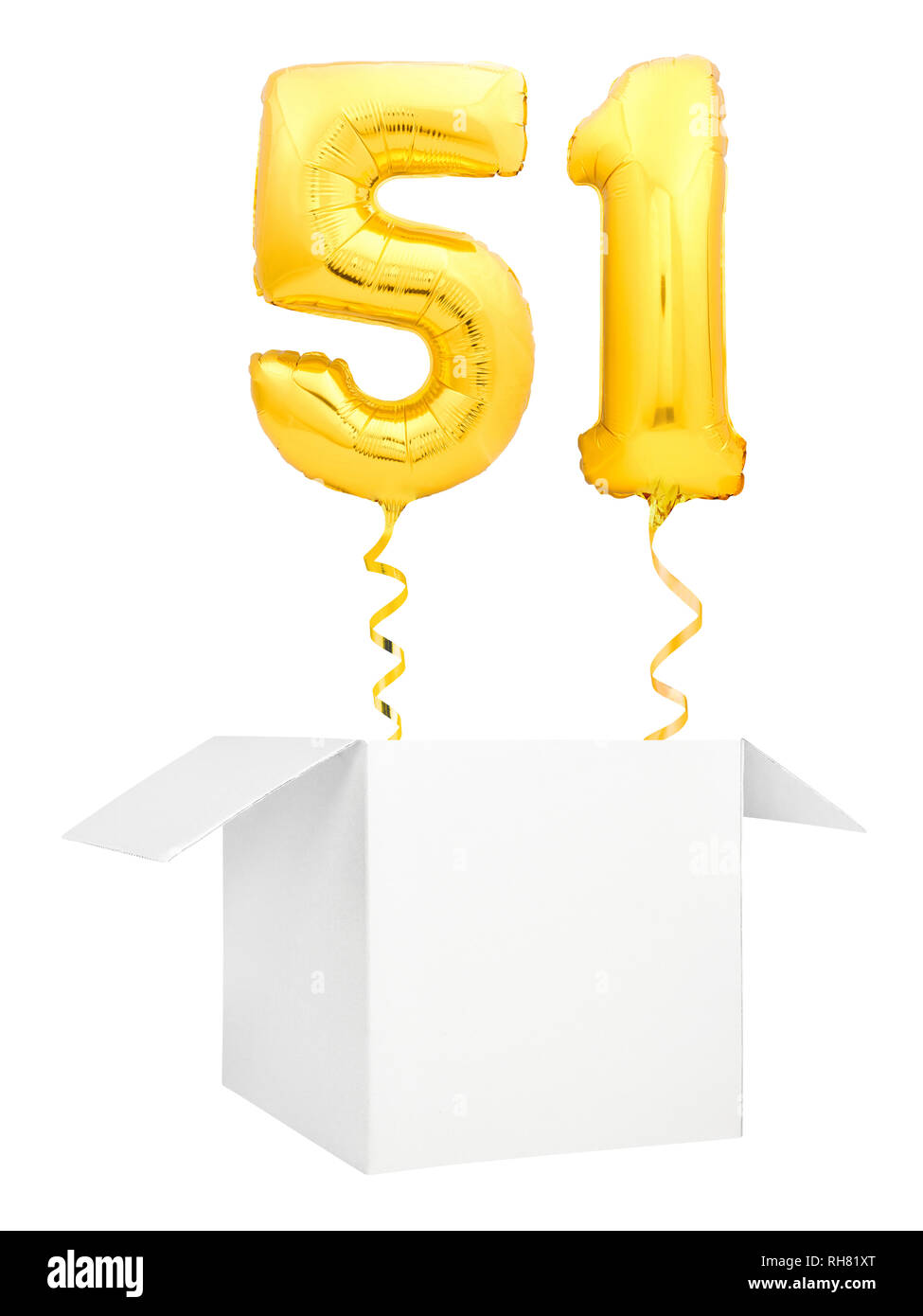 Golden number fifty one inflatable balloon with golden ribbon flying ...
