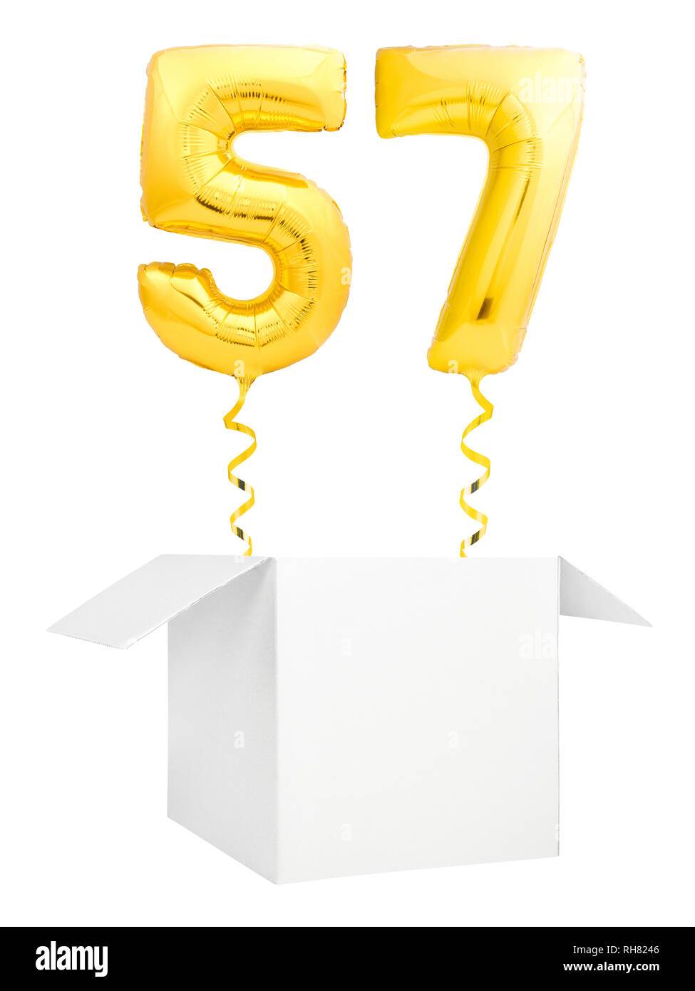 Golden number fifty seven inflatable balloon with golden ribbon flying ...