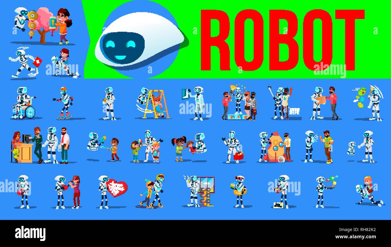 Robot Helper Set Vector. Future Lifestyle Situations. Working ...