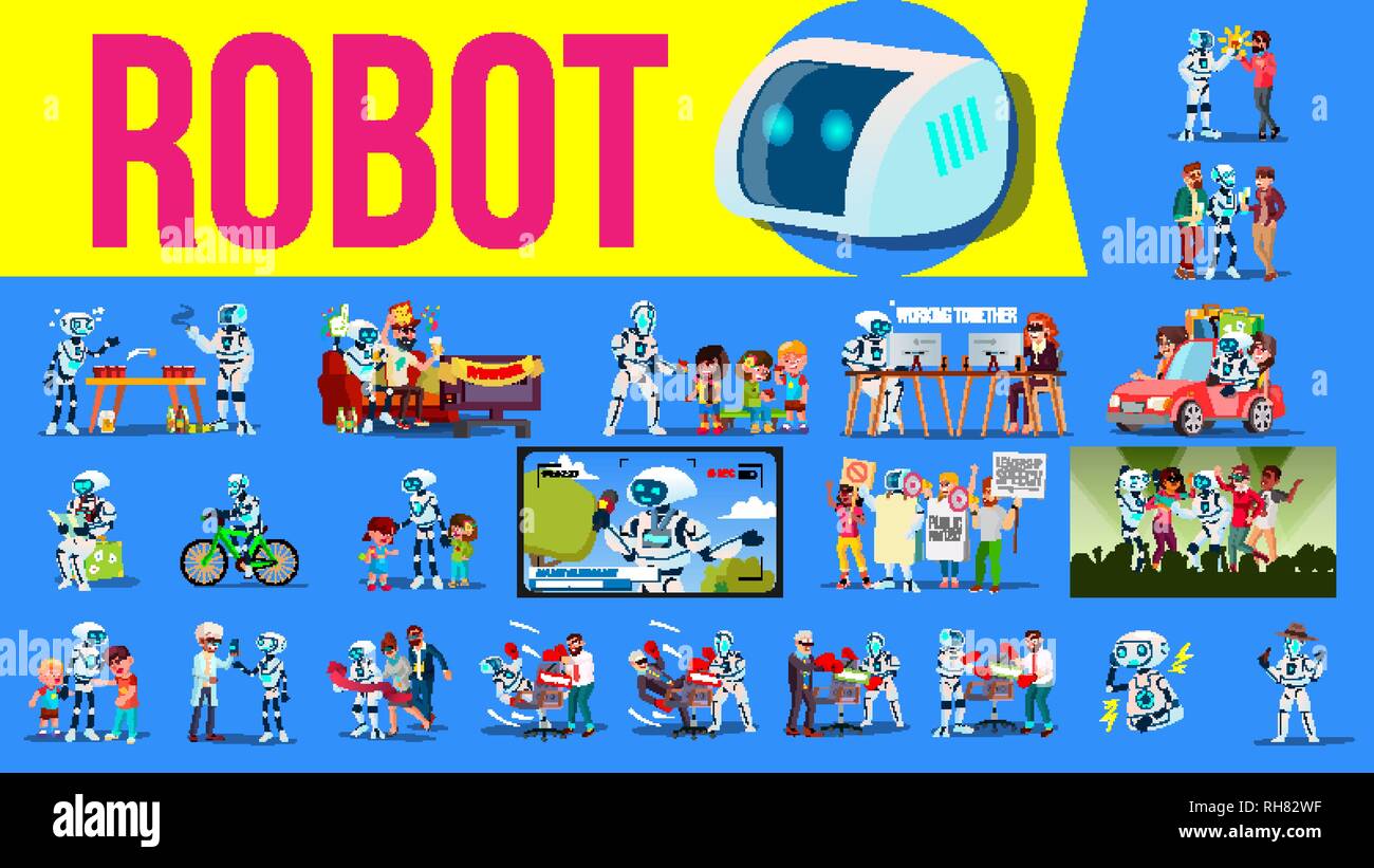 Robot Helper Set Vector. Future Lifestyle Situations. Working ...