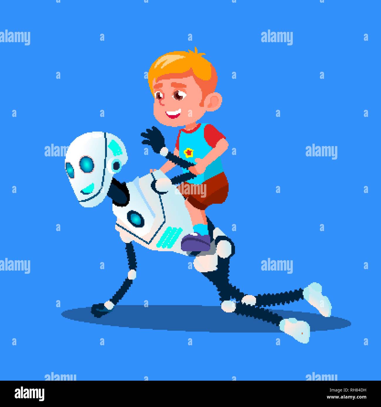 Robot Playing With Little Kid Boy Sitting On His Back Vector. Isolated ...