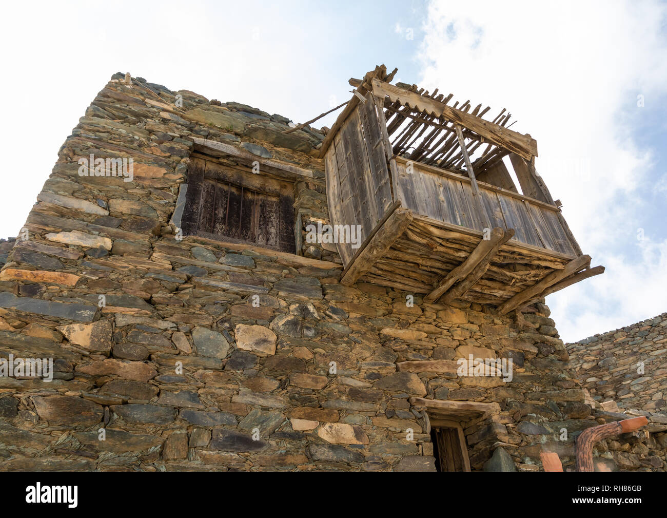 Wooden balcony on al-Namas fort, Al-Bahah region, Altawlah, Saudi ...