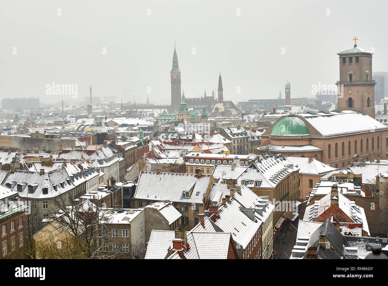 Aerial view of Copenhagen in winter with snow, Copenhagen, Denmark ...