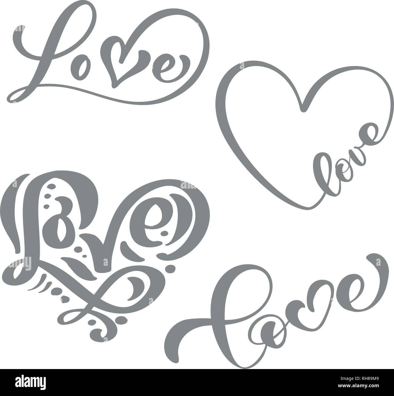 set of grey Calligraphy word Love. Vector Valentines Day Hand Drawn ...