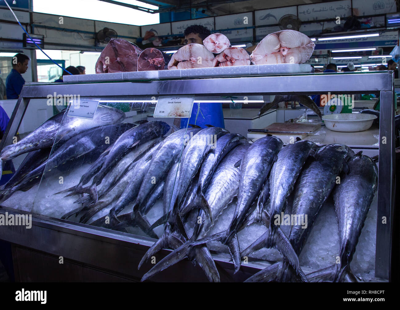 Market stall in the fish market, Mecca province, Jeddah, Saudi Arabia ...