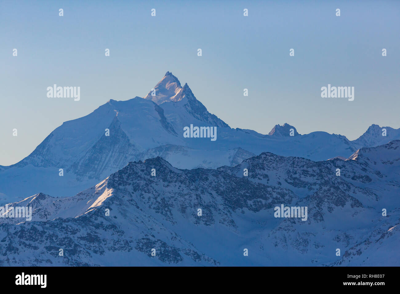 top of Weisshorn mountain in Switzerland in winter, view from Gemmi ...