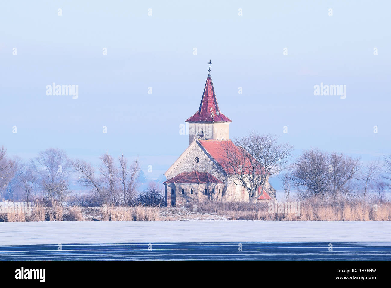 Abandoned Church in the middle of the Frozen Lake Stock Photo - Alamy