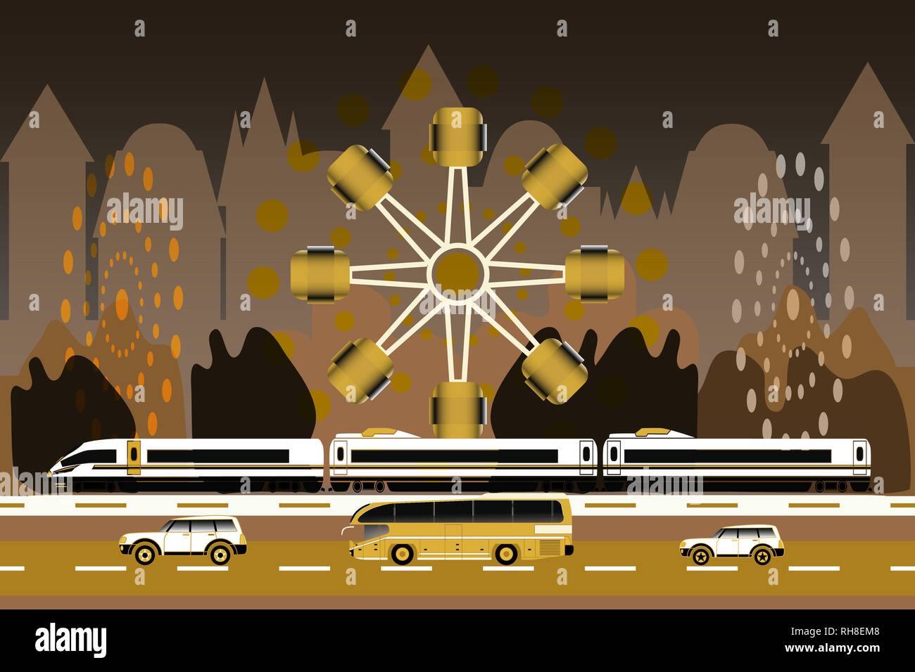 Vector illustration of an amusement park and public transport. Night ...