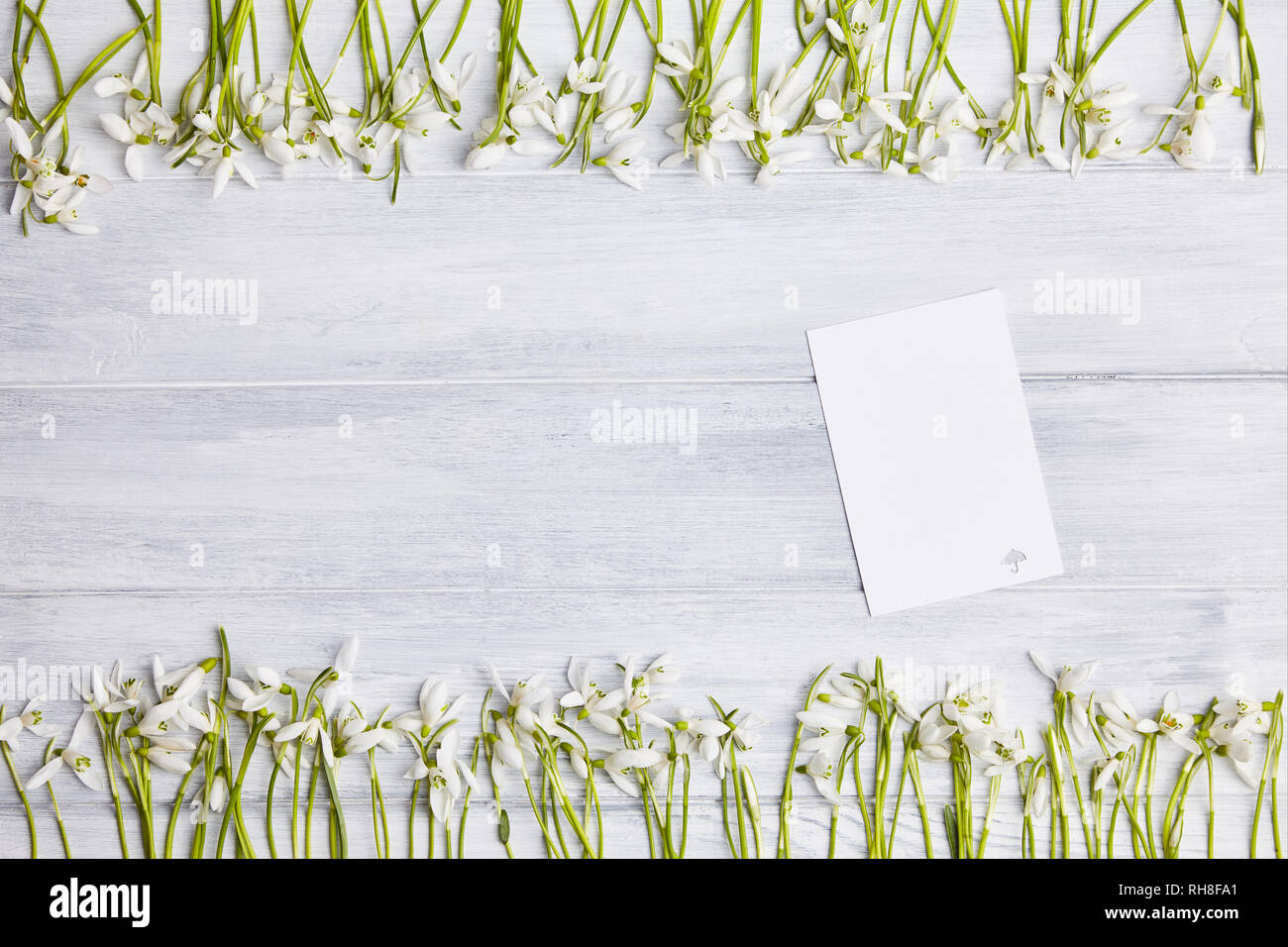 Wooden background with snowdrops frame and note paper. Greeting card ...