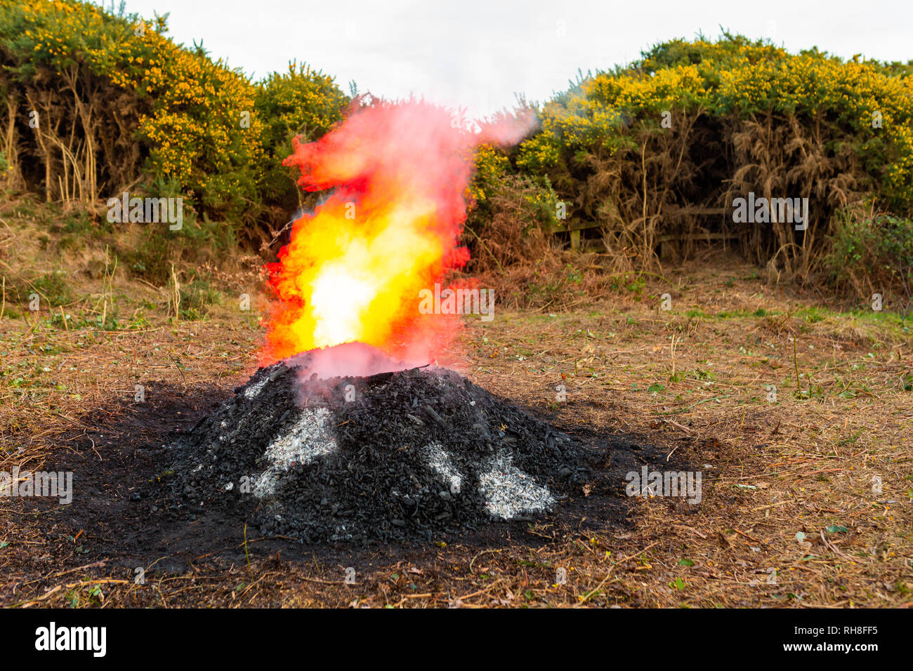 Recently extinguished bonfire which has been illuminated from behind ...