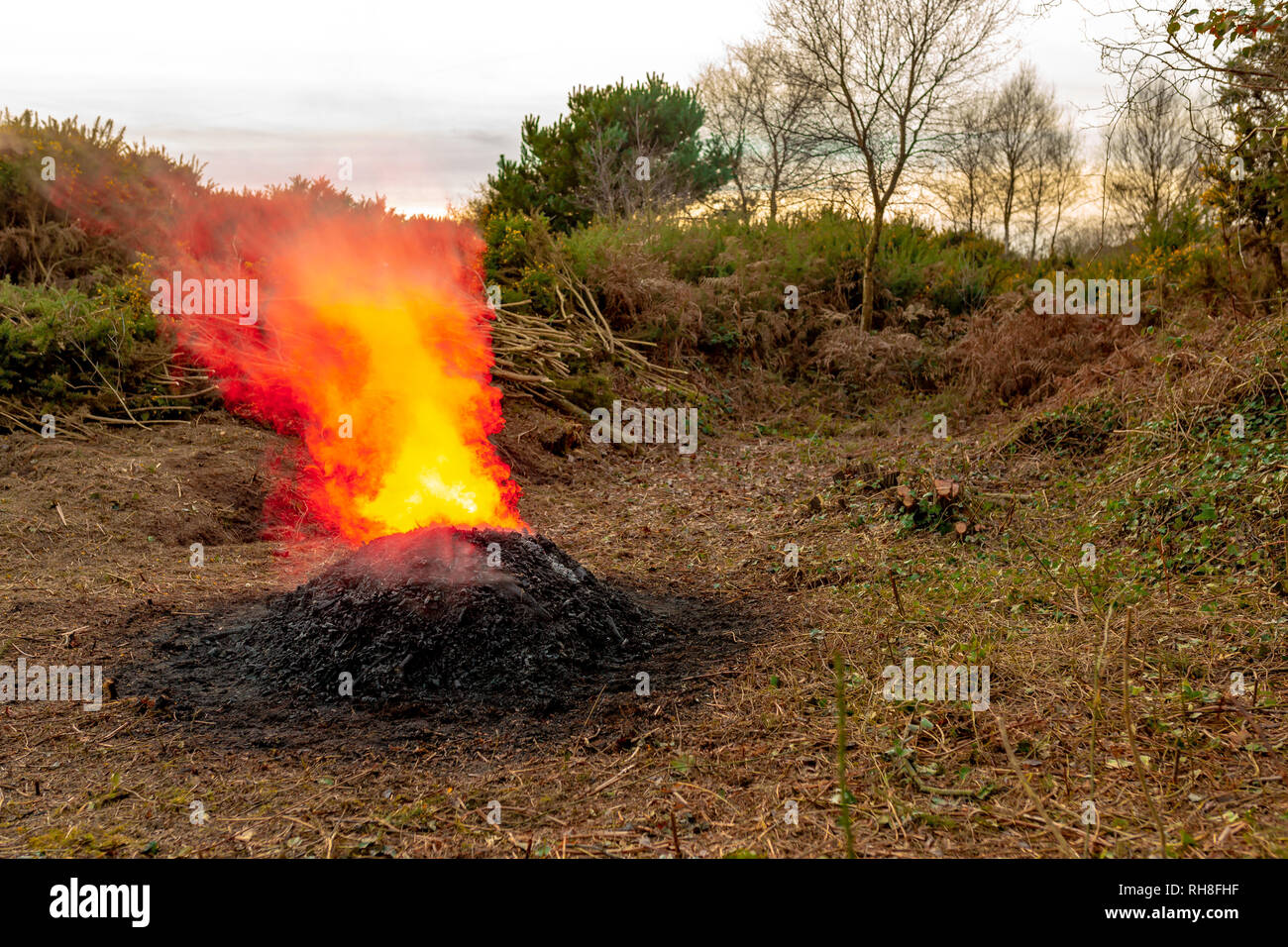 Recently extinguished bonfire which has been illuminated from behind ...