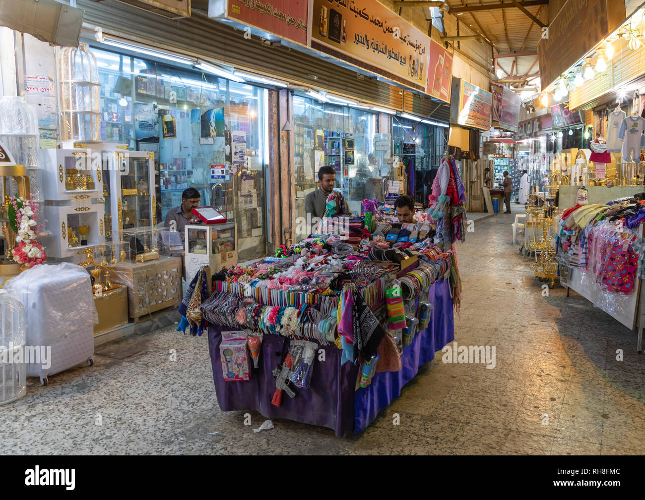 Shops in a covered market alley, Jizan Province, Sabya, Saudi Arabia ...