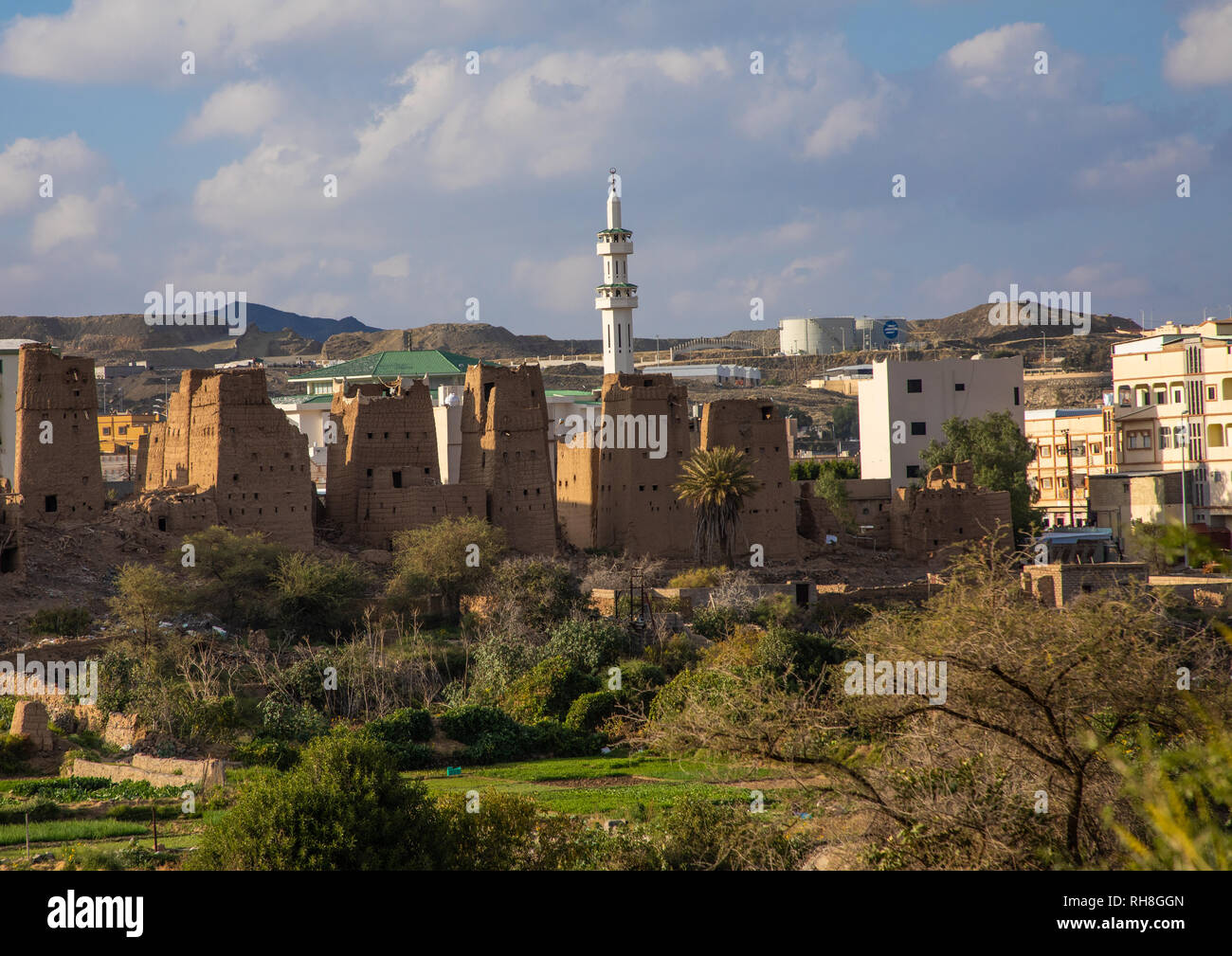 Aerial view of an old village with traditional mud houses, Asir ...