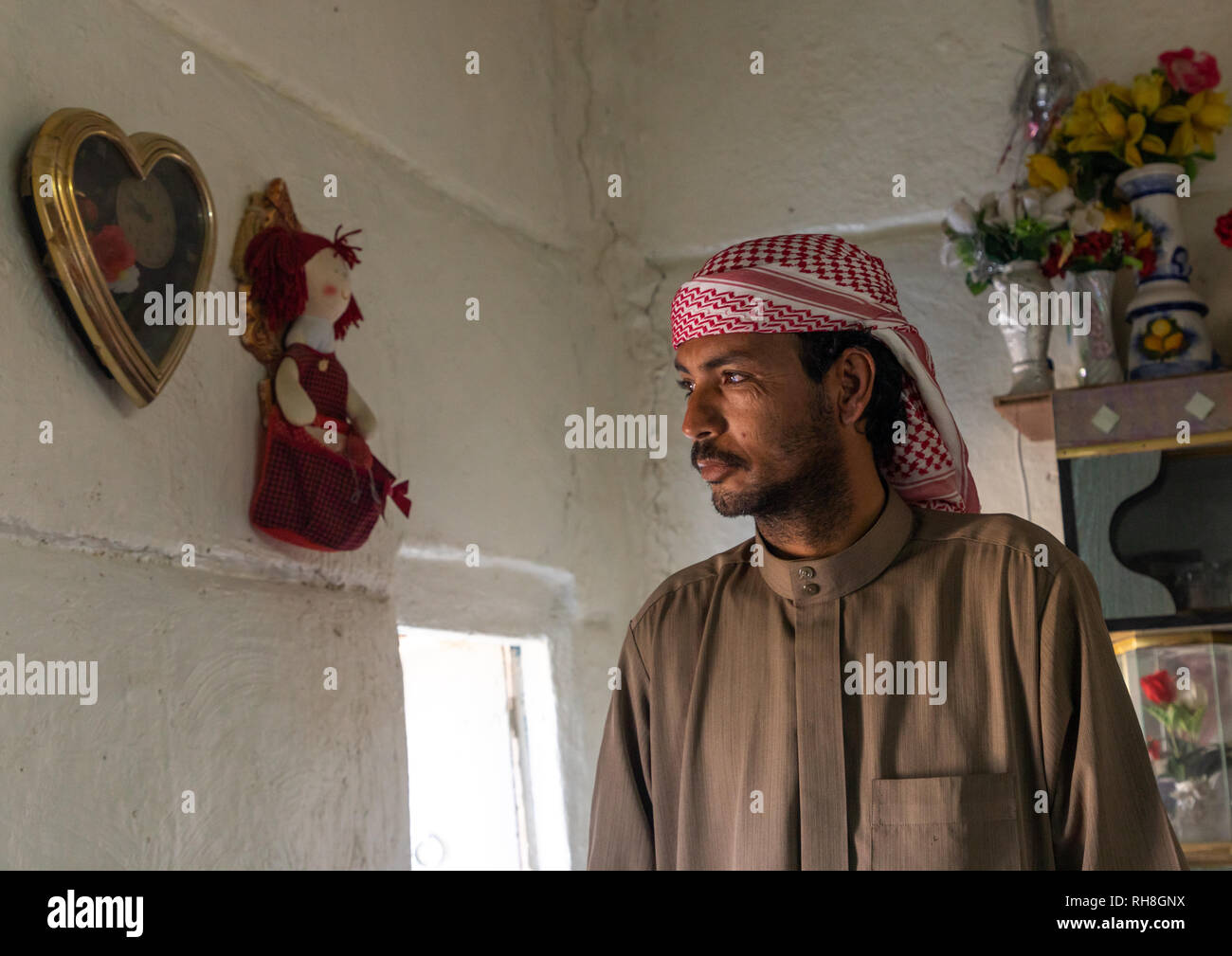 Saudi farmer in his traditional house, Najran Province, Najran, Saudi ...