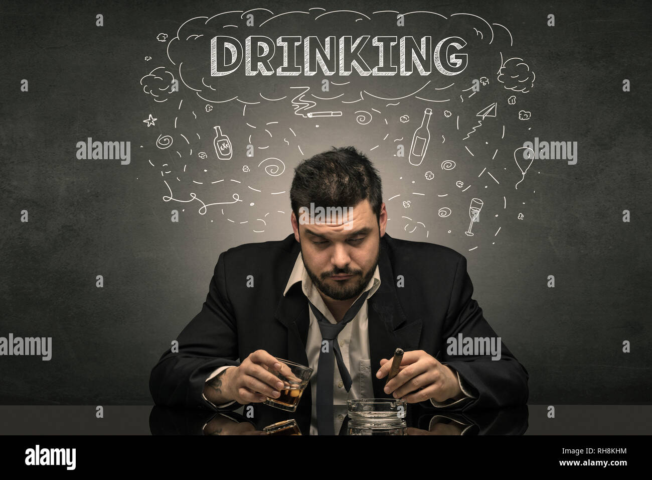 Loser drunk man with drinking, drug, hangover, alcoholic drugs concept ...