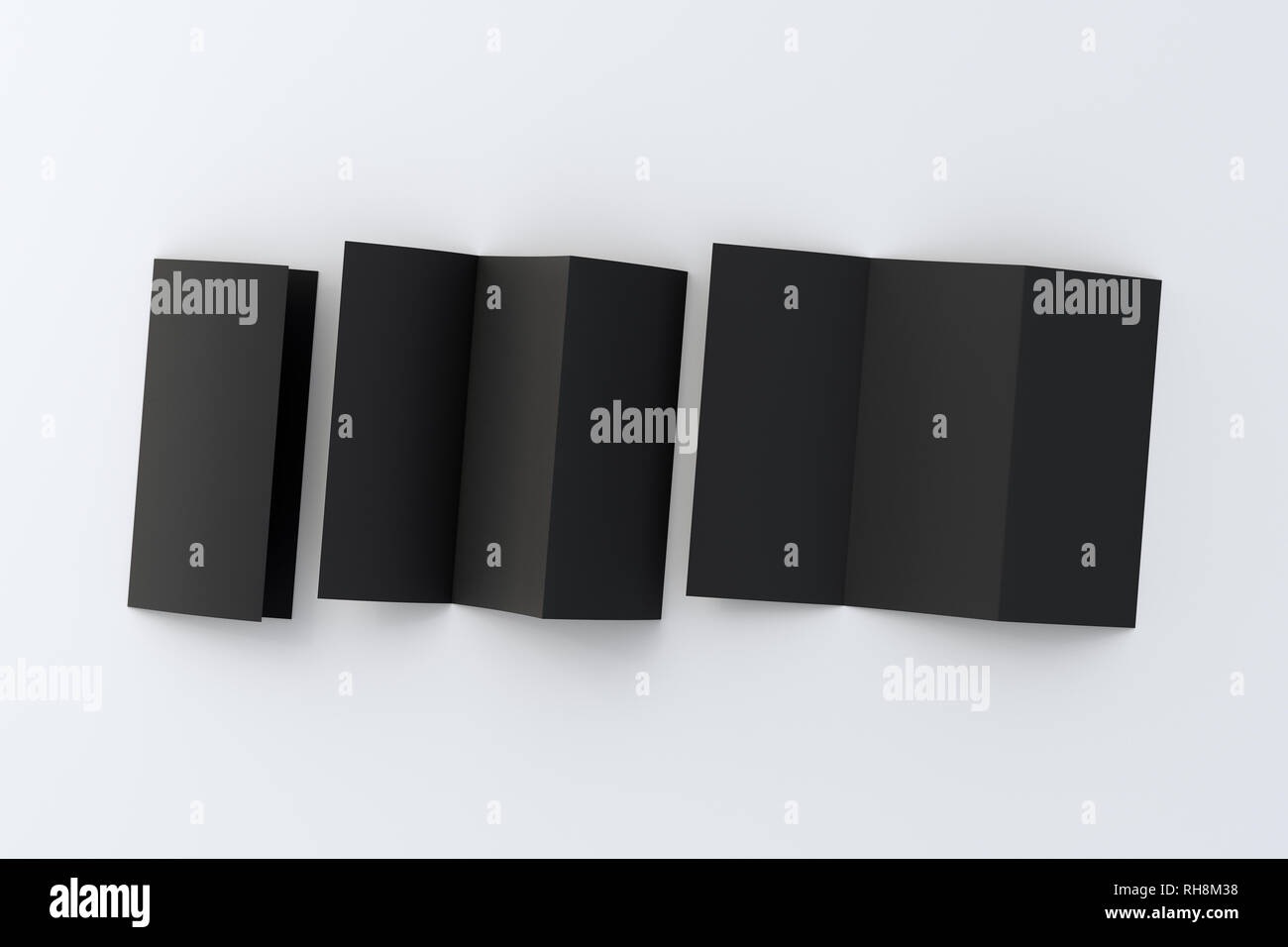 Blank black trifold paper leaflet on white background. Six pages, three ...