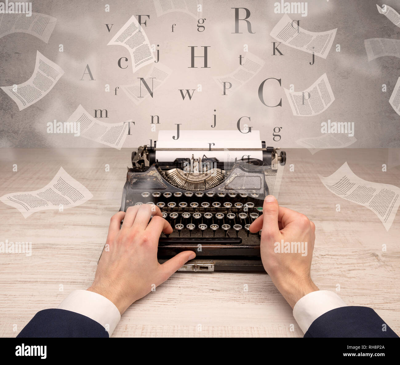 First person perspective hand typewriting with flying documents around ...