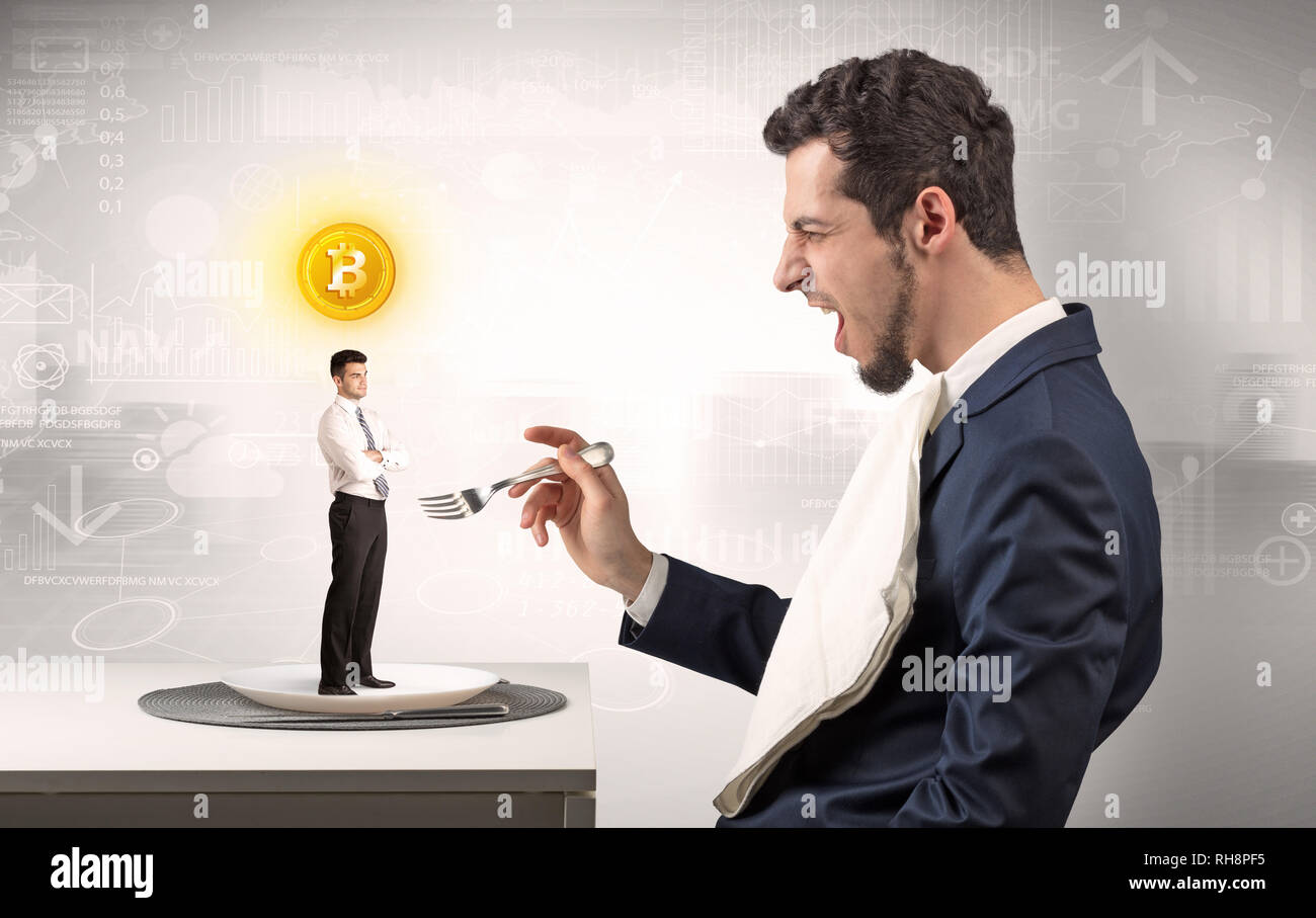 Giant businessman eating small man with financial background Stock ...