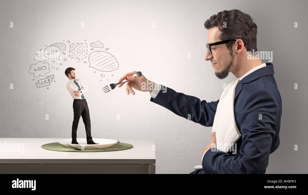Big businessman want to eat small man with cloud messages above his ...