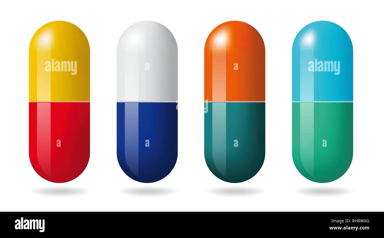 Medicinal tablets. Set tablets of different colors. Isolated objects on ...