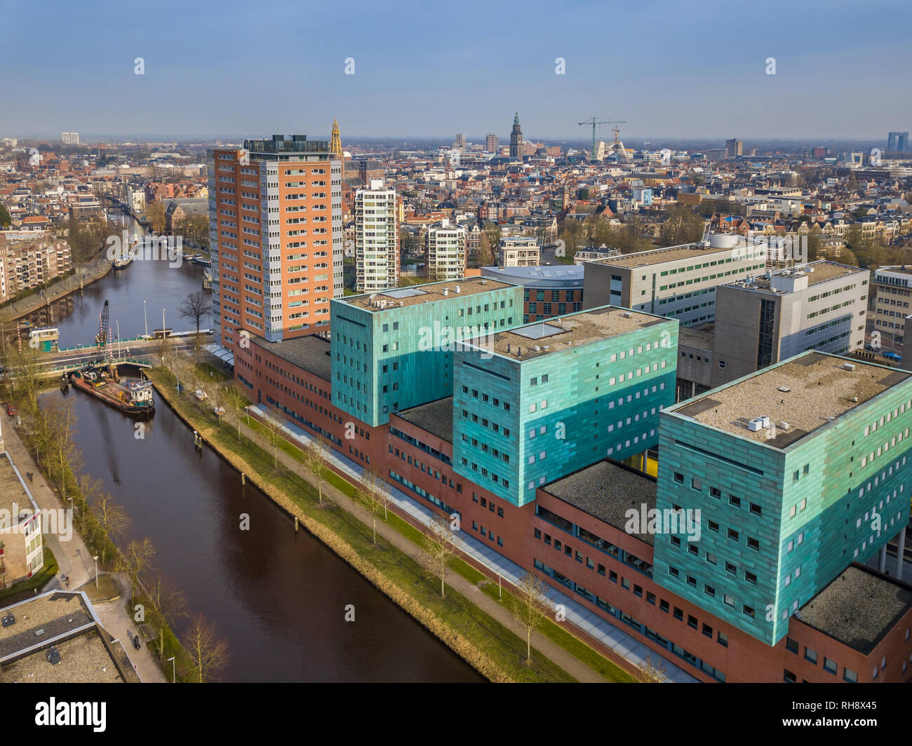 View of Groningen city skyline with office buildings on foreground ...