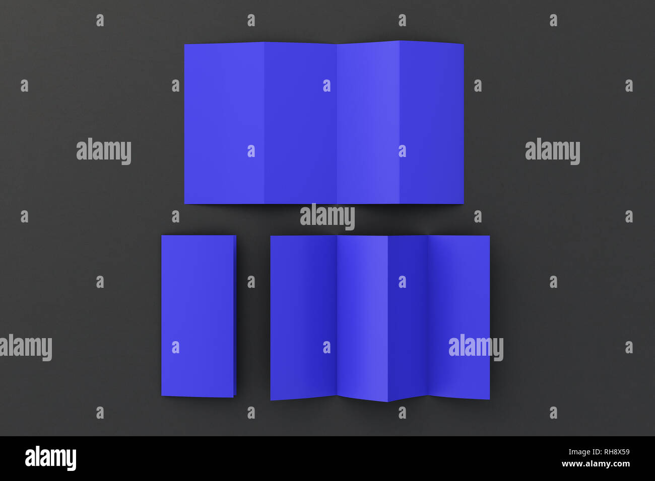 Blank blue folded paper leaflet on black background. Eight pages, four ...