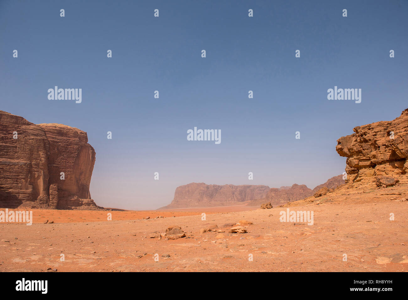 Sandstone and granite rocks in the desert. Wadi Rum, Jordan Stock Photo ...