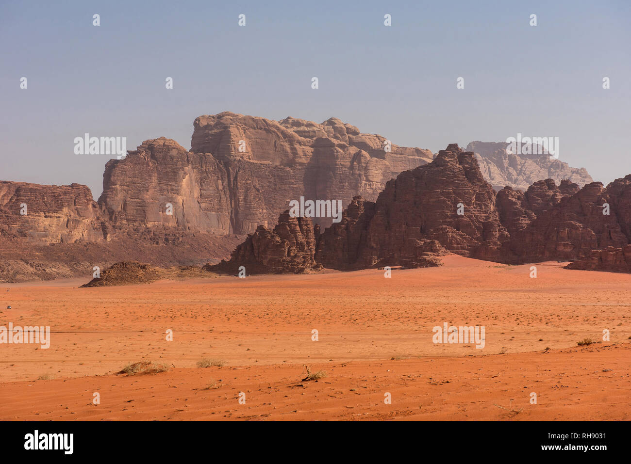Sandstone and granite rocks in the desert. Wadi Rum, Jordan Stock Photo ...
